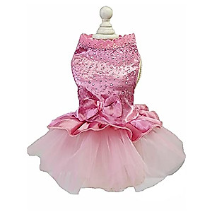 QWINEE Bow Decor Dog Dresses,Sweet Princess Cat Dress Puppy Skirt,Dog Mesh Cake Tutu Dress,Birthday Wedding Party Pet Clothes for Cat Small Medium Dog Doggie Girl Coral Pink M