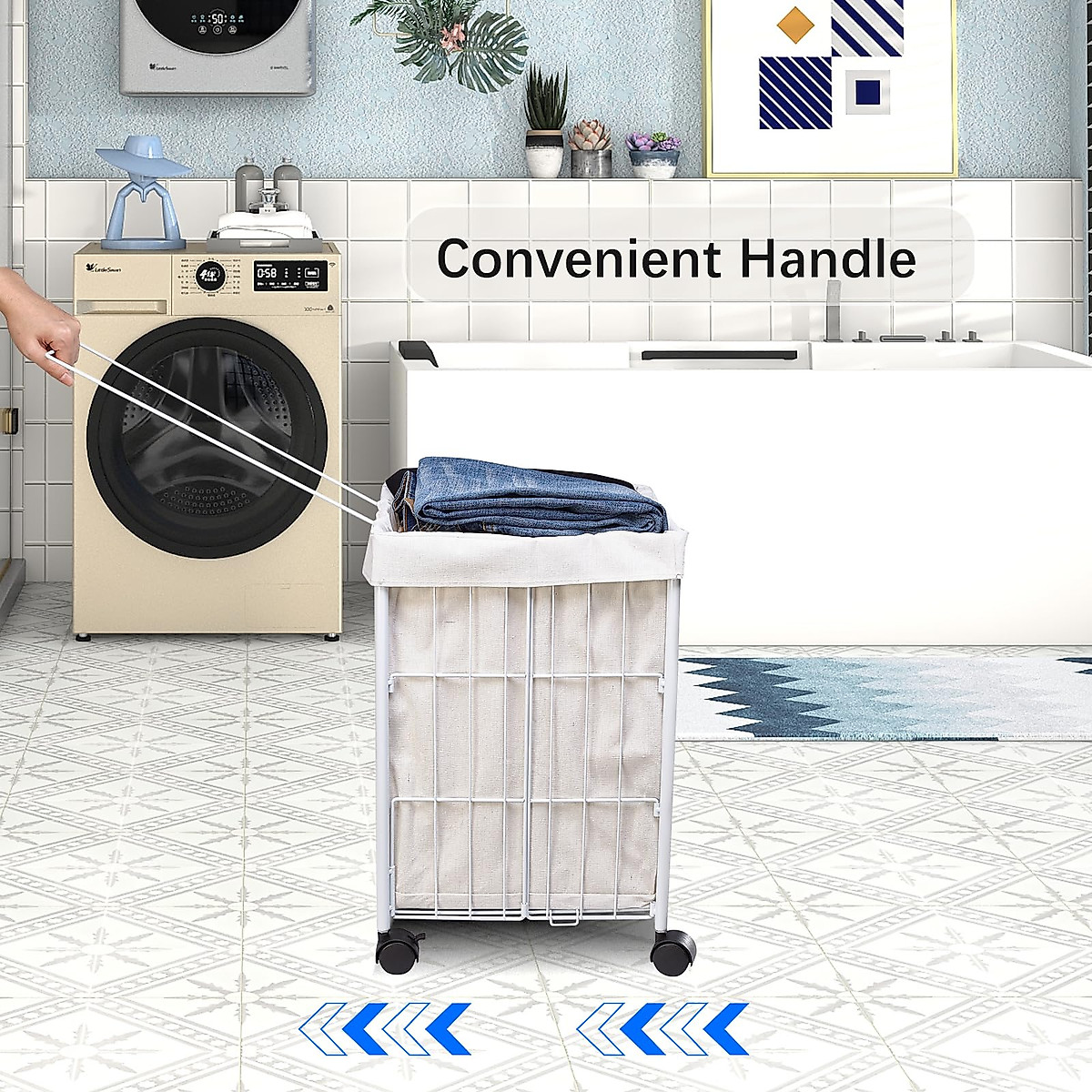 FIROK Rolling Laundry Basket with Wheels,Collapsible Laundry Hamper with Handle for Dorm, Bedroom, Laundry room, 45L Durable Metal Frame Space Saving Hamper with Removable Liner Bag(White)