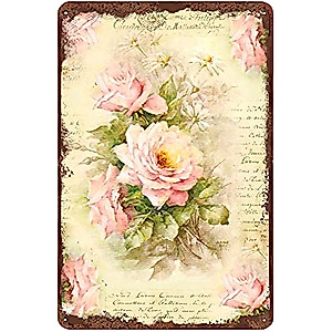 Dreacoss Pink Rose Anique Vintage Tin Sign Flower Decor Floral Metal Sign for Home Office Coffee Bar Club Pub Store Housewarming Gift 12x8 Inch