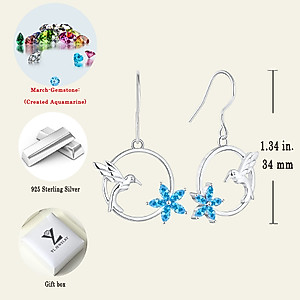 YL Hummingbird Hook Earrings Sterling Silver Flowers Dangle Drop Earrings Created Aquamarine Jewelry Women