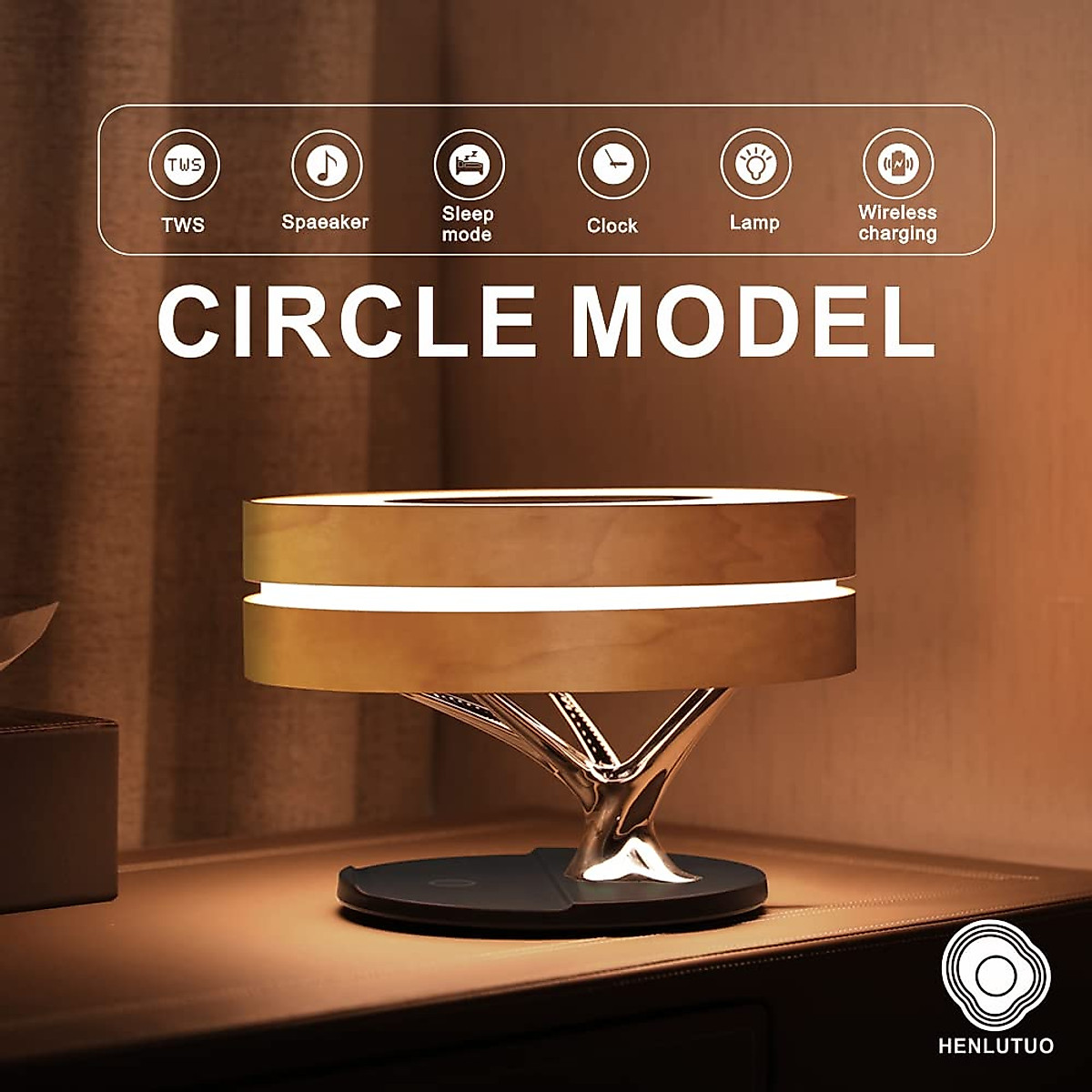 HENLUTUO Maple Log Table lamp with 10W Wireless Charge 2 * 5W Bluetooth Speaker bass LED Light Shade Sleep Mode Smart Touch Slide & Step-Less Dimming Original 3 in 1 Smart Lamp