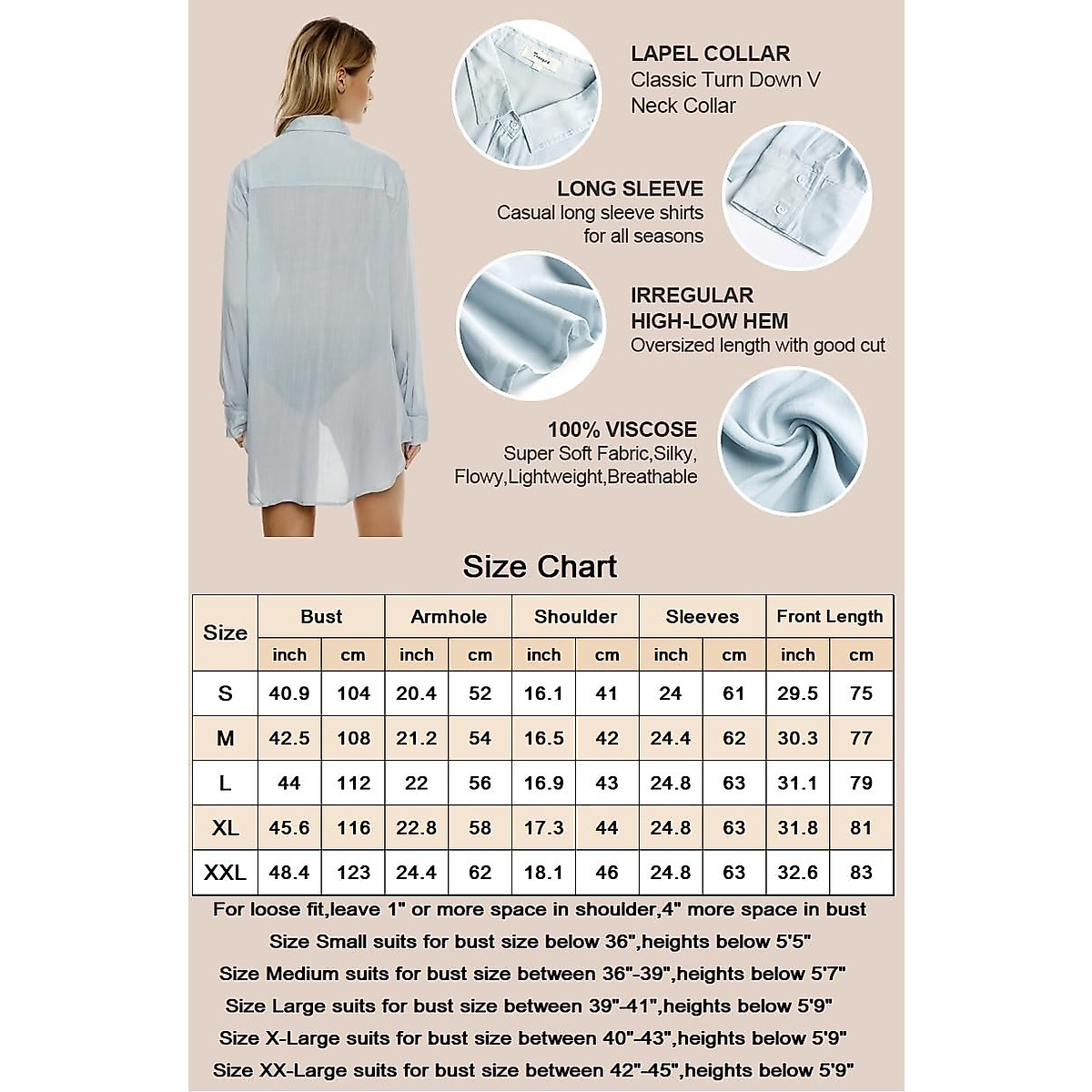 TOUSYEA Sleep Shirts for Women Button Down Shirts Long Sleeve Sleepwear Swimsuit Cover Ups Soft Pajama Tops Light Blue M
