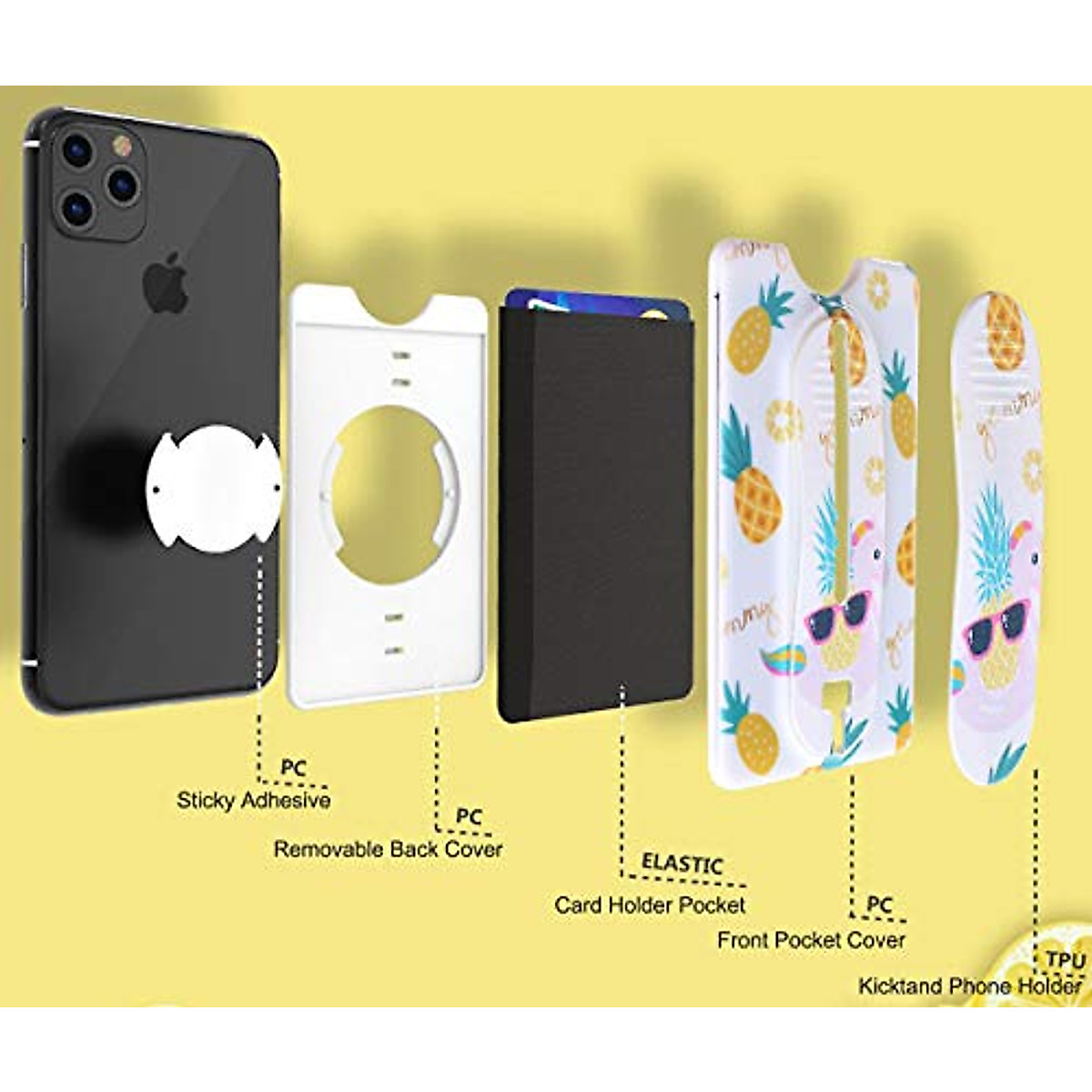 CHEAP SUNDAY Detachable Cell Phone Wallet Mobile Phone Kickstand Finger Grip Stand, Selfie and Hand-Free Wireless Charging Compatible for iPhone and Smartphones (Pineapple)
