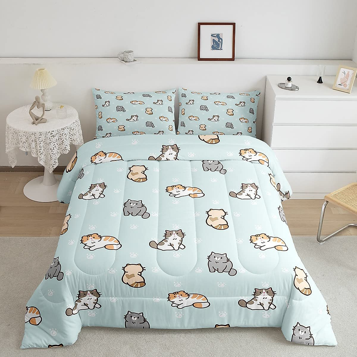 Cartoon Cat Comforter Set for Girls Kids Kawaii Cats Print Comforter Cute Kitten Animal Room Decorative Bedding Set Cat Lover's Gift Green Duvet Set Twin Size 2Pcs Quilt Set