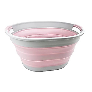 SAMMART 23L (6 Gallons) Collapsible Plastic Laundry Basket - Oval Tub - Foldable Storage Container/Organizer -Portable Washing Tub -Space Saving Laundry Hamper (Grey/Pale Pink)