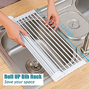 ZOIMINU Dish Drainer, White Roll Up Dish Drying Rack, Over Sink Drying Rack with Silicone-Coated, Heat-Resistant Anti-Slip Dry Rack for Dishes Cups Fruits Vegetables - 17" x 13.1"