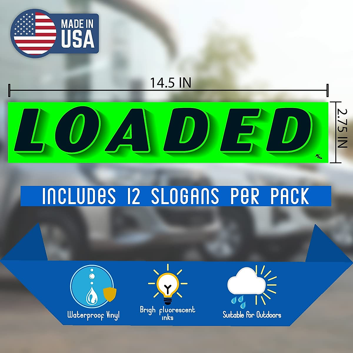 Versa Tags Windshield Slogan Stickers 12 Pack Each of Loaded, 4X4, 3RD Row Seating, WE Finance, FINANCING Available (60) Window Stickers Total Dealership Stickers Black On Green