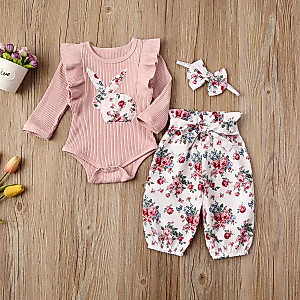 Newborn Infant Baby Girls Easter Outfits Bunny Long Sleeve Knitted Romper Bodysuit Floral Pants with Headband 3Pcs Clothes Set (Shrimp Pink, 0-6 Months)