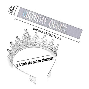 "BIRTHDAY QUEEN" Sash and Tiara for Women Crystal Tiara and Satin Kit for Girl Rhinestones Crown with Comb Glitter Hair Accessories for Prom Party Decoration Cake Topper Accessory Set with Pin (Silver Tiara and Silver Sash Set)