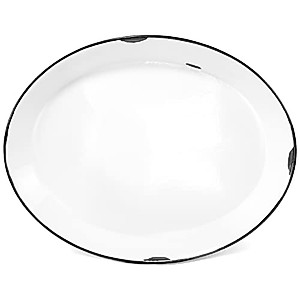 Red Co. Oven Safe Enamelware Metal Classic 16.5” Serving Oval Tray Platter, Distressed White/Black Rim