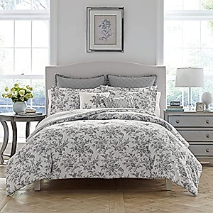 Laura Ashley- King Duvet Cover Set, Reversible Cotton Bedding Set, Includes Matching Sham(s) with Bonus Euro Sham(s) & Throw Pillow Covers (Annalise Floral Grey, King)