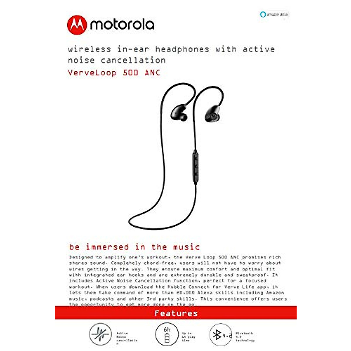 Motorola Verve Loop 500 ANC Sweat & Water Resistant Stereo Bluetooth 4.2 Earbuds "Siri & Google" Compatible (Retail Packing Kit) - Black