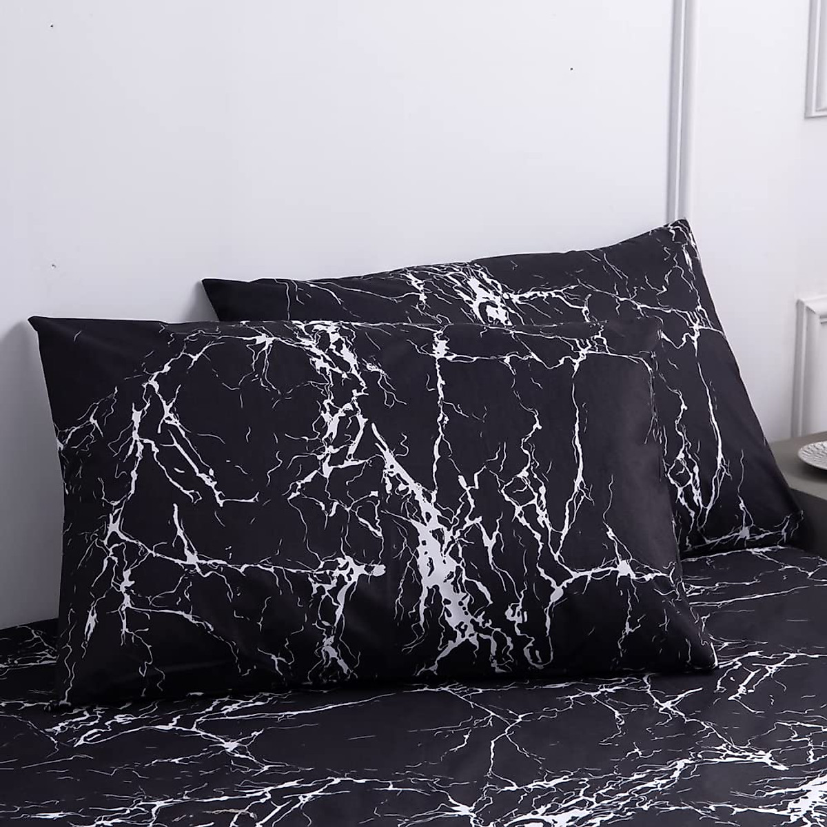 Megsv Waterproof Mattress Protector Cover Polyester Bed Cover Black Marble Pattern Fitted Sheet and Pillowcase (NO Pillow Inner) (Black, Twin)
