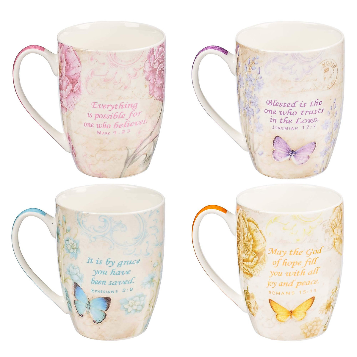 Christian Art Gifts Botanic Butterfly Blessings Coffee/Tea Mug Set w/Scripture Teal Grace Butterfly, Purple Blessed Butterfly, Pink Believe Butterfly, Yellow Hope Butterfly, Microwave/Dishwasher Safe