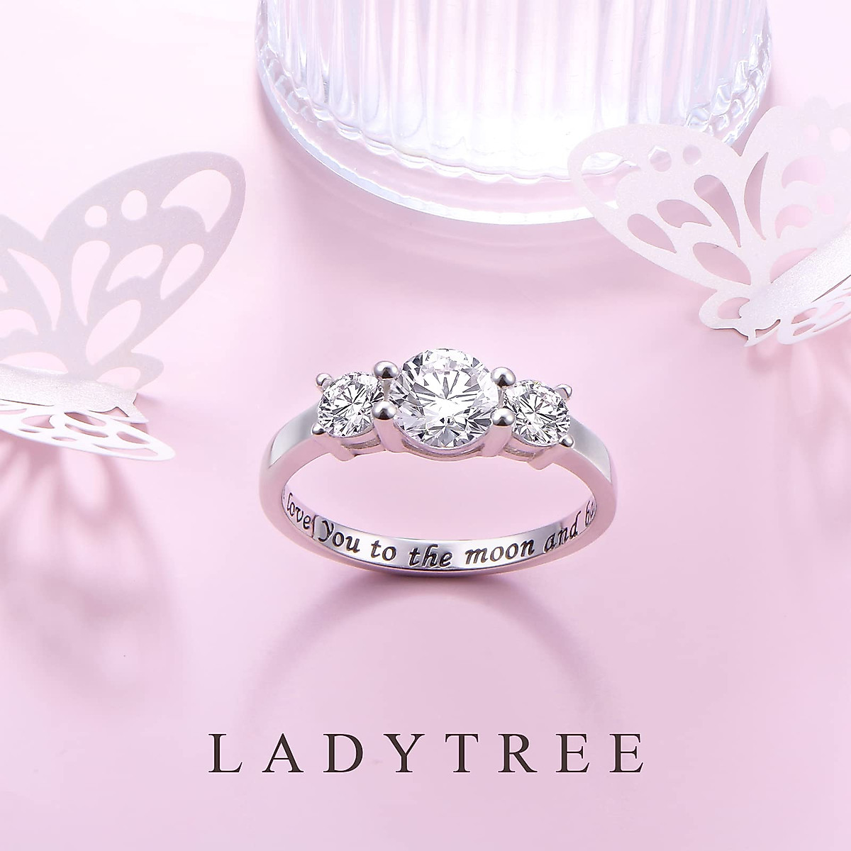 Ladytree Wedding Promise Engagement Rings for Women Her Girlfriend 3 Round Cubic Zirconia CZ Stones S925 Sterling Silver Size 8 Engraved I love you to the moon and back