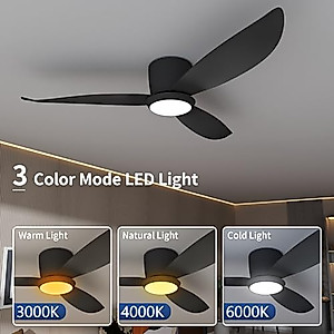 Low Profile Ceiling Fan Light,52In Flush Mount Ceiling Fan Lights Remote Control with 3 Reversible Blades,18W 3CCT LED Light 6 Speed DC Motor Ceiling Fan For Bedroom/Farmhouse/Patios/Living Room Black