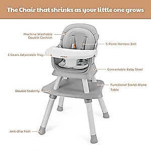 VEEYOO Baby High Chair 6 in 1, Convertible high Chair/Dinning Booster Seat/Toddlers Table & Chair Set with Easy Clearance, Removable Tray, Adjustable Legs, Safety Harness for Girl/boy