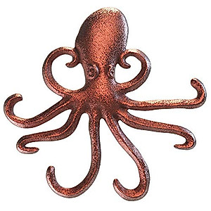 Cast Iron Octopus Wall Hook - Decorative Swimming Octopus Tentacles Key Hook for Entryway, Door Way or Bathroom - Novelty Wall Décor - Copper with Black Color with Screws and Anchors Included