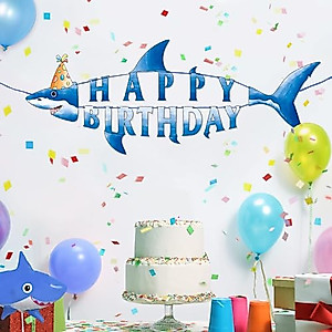WERNNSAI Shark Happy Birthday Banner - Shark Party Decorations for Kids Boys Pre-strung Shark Birthday Banner Ocean Theme Party Supplies Beach Under The Sea Theme Party Hanging Wall Decor