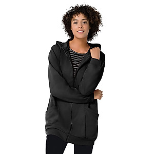 Woman Within Plus Size Zip Front Hoodie Jacket Long Oversized Fleece Jacket - 3X, Black
