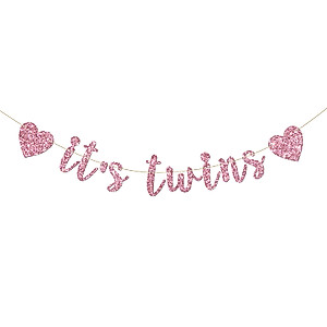 INNORU It's Twins Banner for Girls, Baby Shower Gender Reveal Party for Babies, Twin Girls 1st Birthday Party Decorations Supplies, Pink Glitter