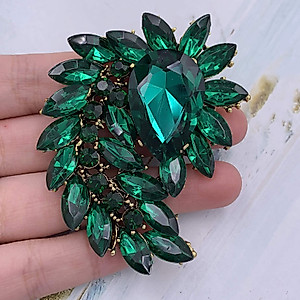 SELOVO Marquise Shape Large Flower Green Brooch Pin Jewelry Antiqued Gold Tone