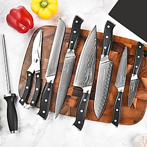 NANFANG BROTHERS Knife Set, 9 Pieces Damascus Kitchen Knife Set with Block, ABS Ergonomic Handle for Chef Knife Set, Knife Sharpener and Kitchen Shears, Knife Block Set
