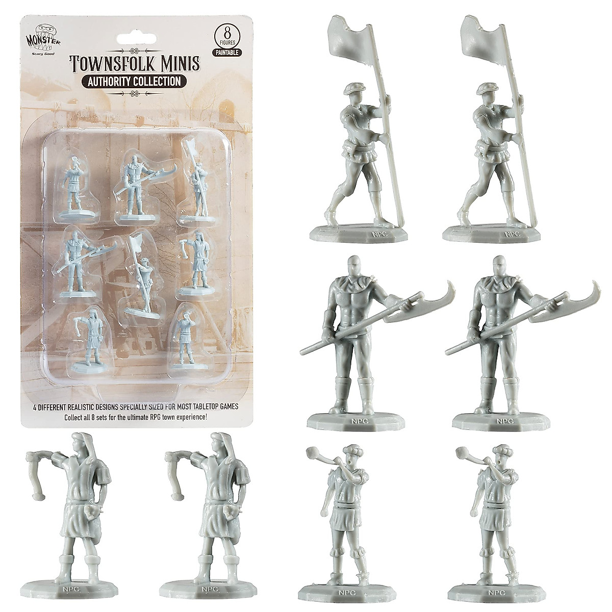 Monster Townsfolk Mini Fantasy Figures - 8pc Authority Figures Non Player Character NPC Miniatures - 1" Hex-Sized Compatible w/DND Dungeons Dragons Pathfinder All Tabletop Games