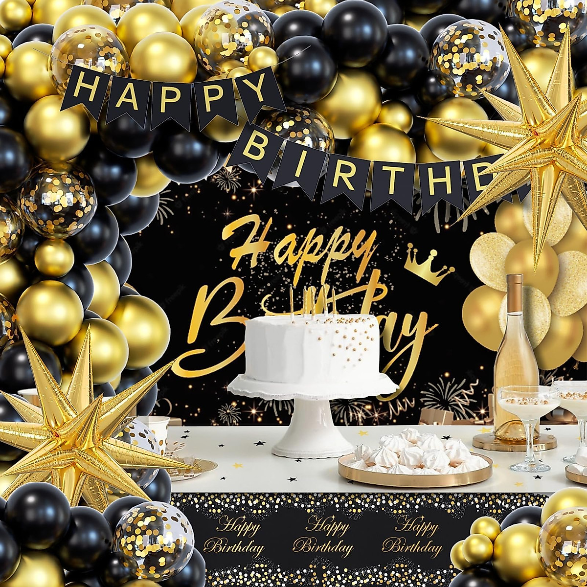 Black and Gold Birthday Decorations for Men Women, 71pcs Black and Gold Party Decorations with Backdrop, Tablecloth, Gold Foil Balloons, Banner, Balloon Arch for Birthday Party Decorations