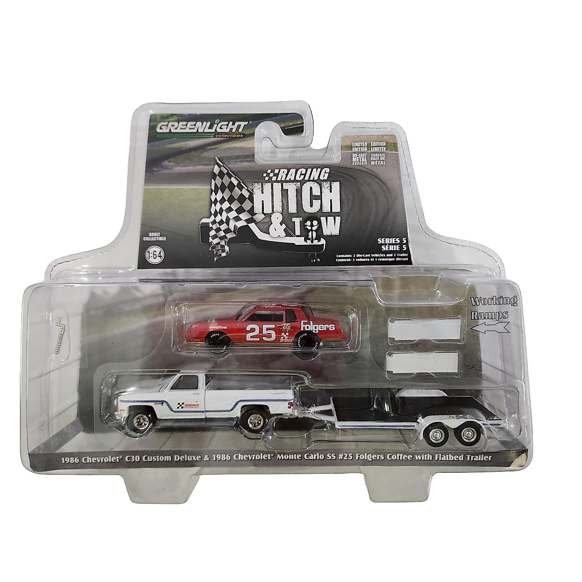 Collectibles Greenlight 31170-B Racing Hitch & Tow Series 5 1986 Chevy C30 Custom Deluxe and 1986 Tim Richmond Monte Carlo SS #25 with Flatbed Trailer 1/64 Scale