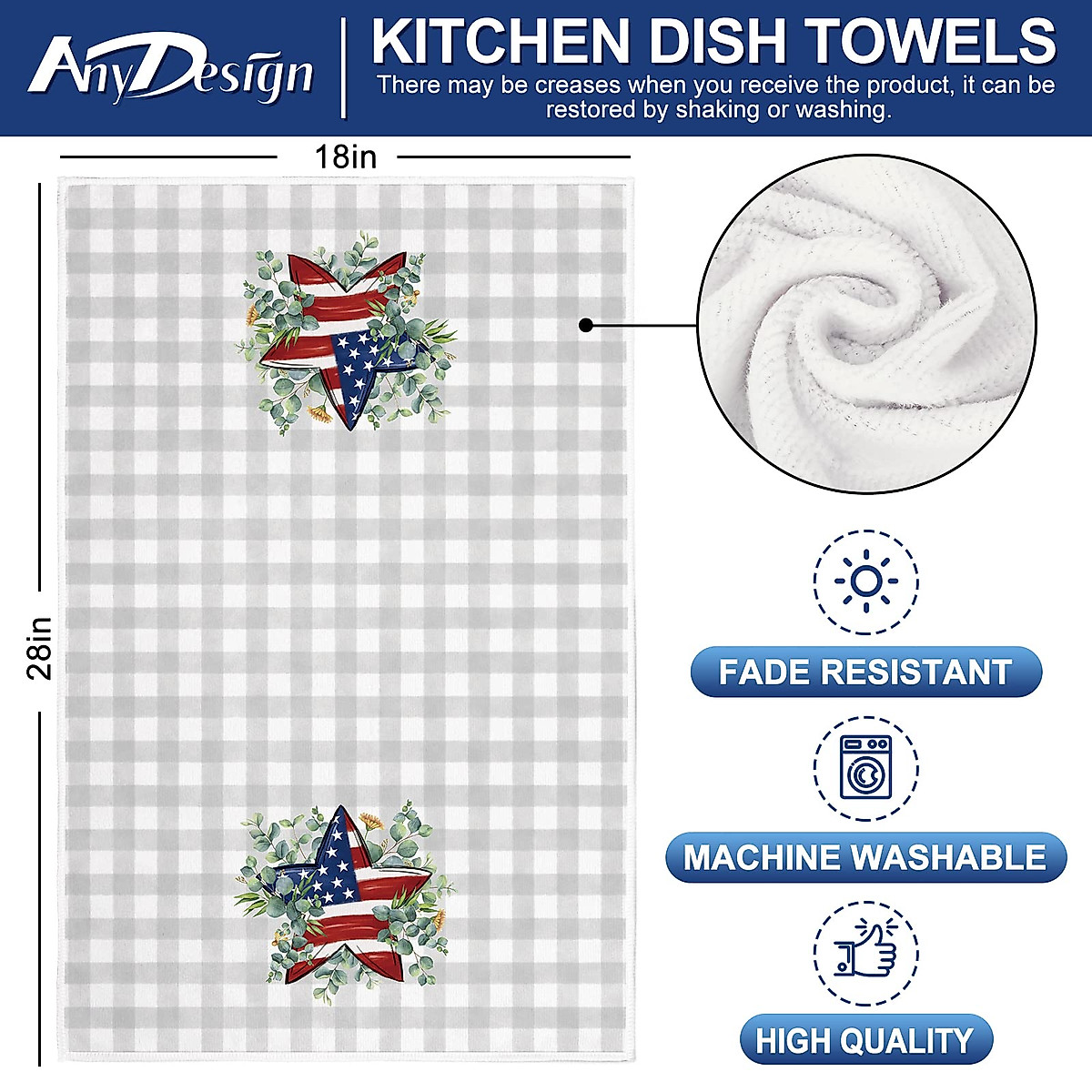 AnyDesign Patriotic Kitchen Towel 18 x 28 Inch 4th of July Gray Buffalo Plaids Dish Cloth American Flag Star Hearts Green Leaves Hand Drying Tea Towel for Independence Day Memorial Day Cooking, 2Pcs