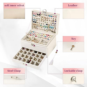 BOOVO Earring Jewelry Box For Women Girl Stud Organizer, 5 Layers Girl Jewelry Organizer Box With Lock Earring Holder Organizer Necklace Ring Jewelry Organizer Box For Girls (white)