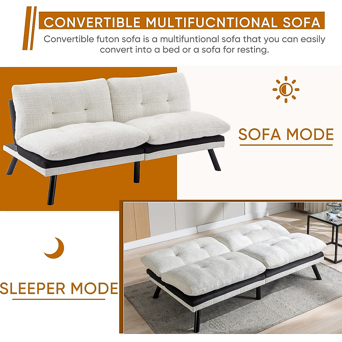 Futon Sofa Bed, Convertible Sleeper Couch Memory Foam Small Splitback Loveseat for Living Room, Upholstered Love Seat with Adjustable Backrest and 6 Metal Legs, Thicker Cushion Version (Creamy White)