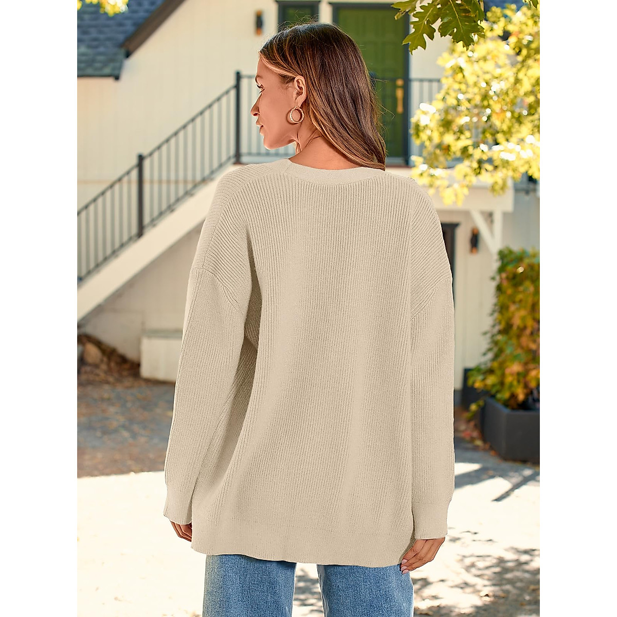 LILLUSORY Women Oversized Cardigan Sweater Fall Outfits Cloth Fashion 2024 V Neck Long Cashmere Knit Button Front Trendy Tops Apricot