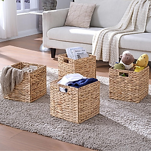 Set of 4 Wicker Storage Basket, Woven Baskets for Storage, Foldable Wicker Storage Basket for Shelf, Cube Storage Bin for Shelves, Water Hyacinth Laundry Organizer Square Shelf Baskets, 12''x12''x12''