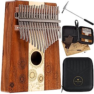 Kalimba Thumb Piano, 17 Keys — Includes Tuning Hammer and Case — For Meditation, ASMR, Sound Therapy and Yoga, 2-YEAR WARRANTY