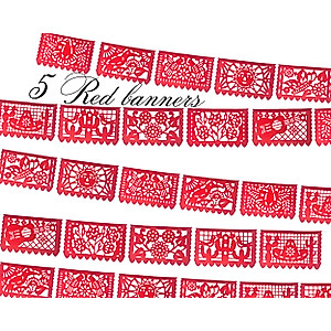 Red Papel Picado Flags, Fiesta Party Decoration, Mexican Paper Banner, Garland, Bunting, Streamers for Birthday Parties, Baby Showers, quinceaneras, Bridal Shower, Engagement Weddings 5 pk | 60ft