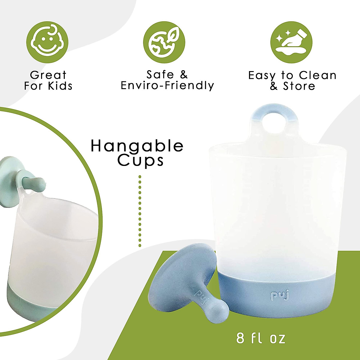 Puj Phillip Cups for Kids - Hangable Training Cups - Rinse-and-Play Reusable Plastic Cups with Grippy Hooks - Dishwasher Safe - Set of 2 (Sage and Periwinkle)
