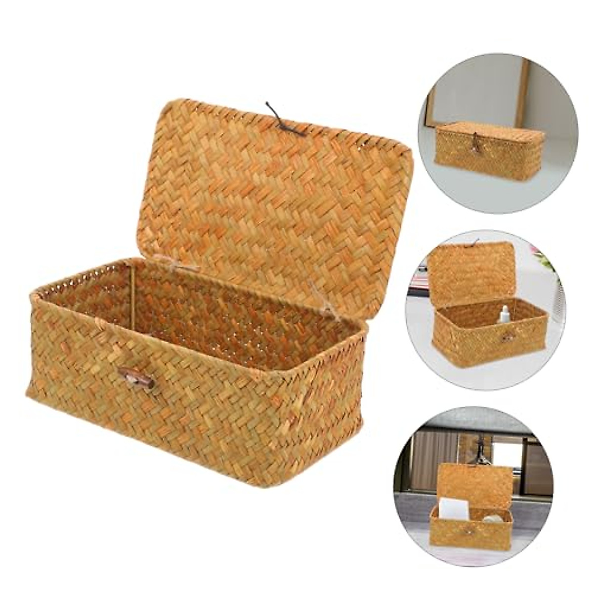 Ipetboom Desktop Stand Woven Baskets 1 Woven Basket Straw Basket with Lid Basket Box Rattan Desktop Clothes Sundries Storage Box for Home Decor (S) Storage Drawers Small Basket