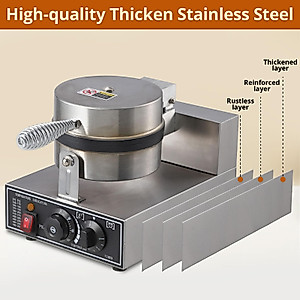 Commercial Waffle Maker, 1300W Round Waffle Iron, Non-Stick Rotatable Waffle Baker Machine, 50°C-300°C Temp Range, Stainless Steel Round Commercial Waffle Maker for Restaurant, 110V