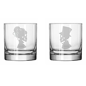 MIP Set of 2 Glass 11 oz Rocks Whiskey Old Fashioned Skull Skeleton Couple His and Her Gift Bride and Groom Wedding Engagement Anniversary Bridal Shower