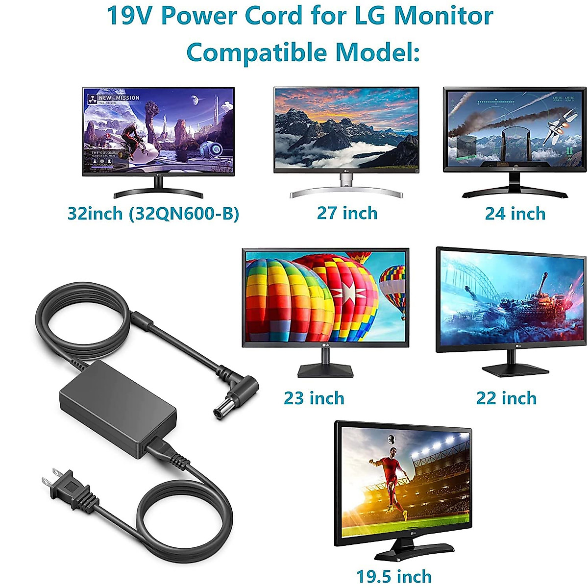 HKY 19V AC/DC Adapter Compatible with LG ADS-45FSQ-19 19040EPG-1 Ultragear 24GL600F 24GL650 24GL65B 24GN50W 24GN53A 27QN600 32QN600 34BL650 B 28MT48 28MT48VF 28MT48U 28MT48DF Monitor Power Supply