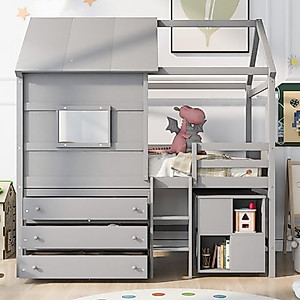 Twin Size House Loft Bed with Storage Desk and 3 Drawer Chest, Wood Loft Bed with Safety Guard Rails, Multi-Functional Loft Bed for Kids Boys Girls Teens Bedroom, Maximize Space Savings (Gray 014)