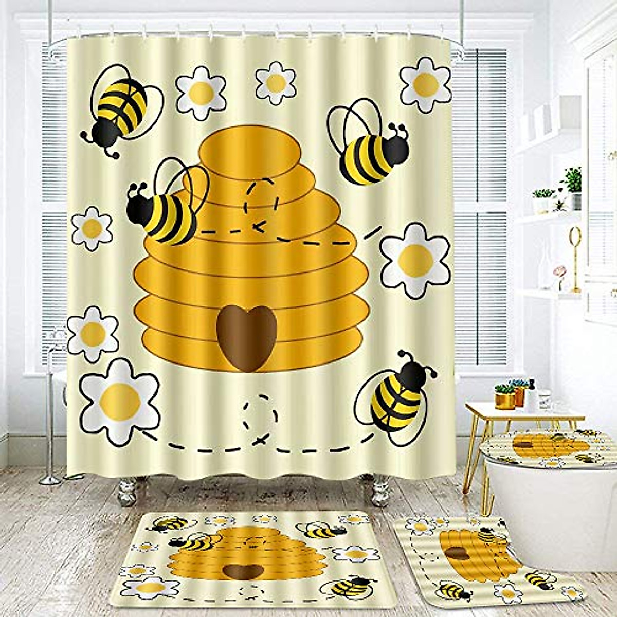 LOSUMIGE Shower Curtain Sets with Non-Slip Rugs,Toilet Lid Cover and Bath Mat,Bumblebee Hive Waterproof Bath Curtains Hooks Included