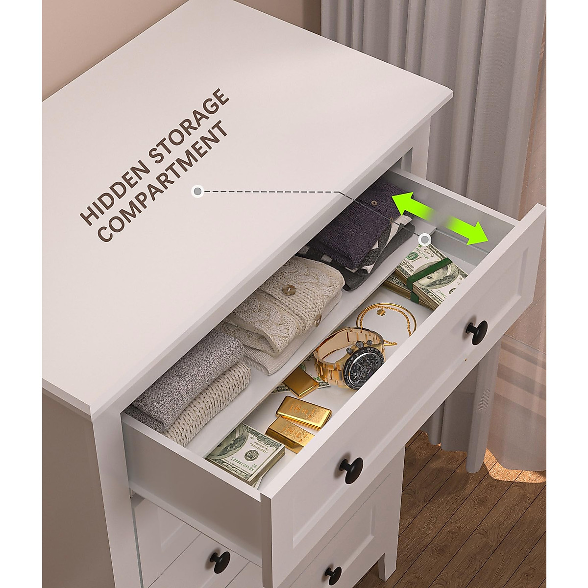 HAIOOU 5 Drawer Dresser for Bedroom, Large Storage Chest of Drawers Vertical Wooden Dresser Organizer with Power Outlets, Hidden Drawer Compartment for Living Room, Entryway - Modern White