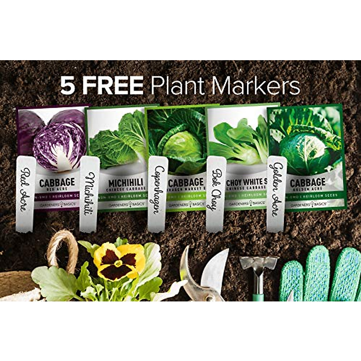 Cabbage Seeds for Planting 5 Individual Packets Bok Choy, Michihili (Napa) Chinese Cabbage, Red, Golden Acre and Copenhagen Market Early for Your Non GMO Heirloom Vegetable Garden by Gardeners Basics