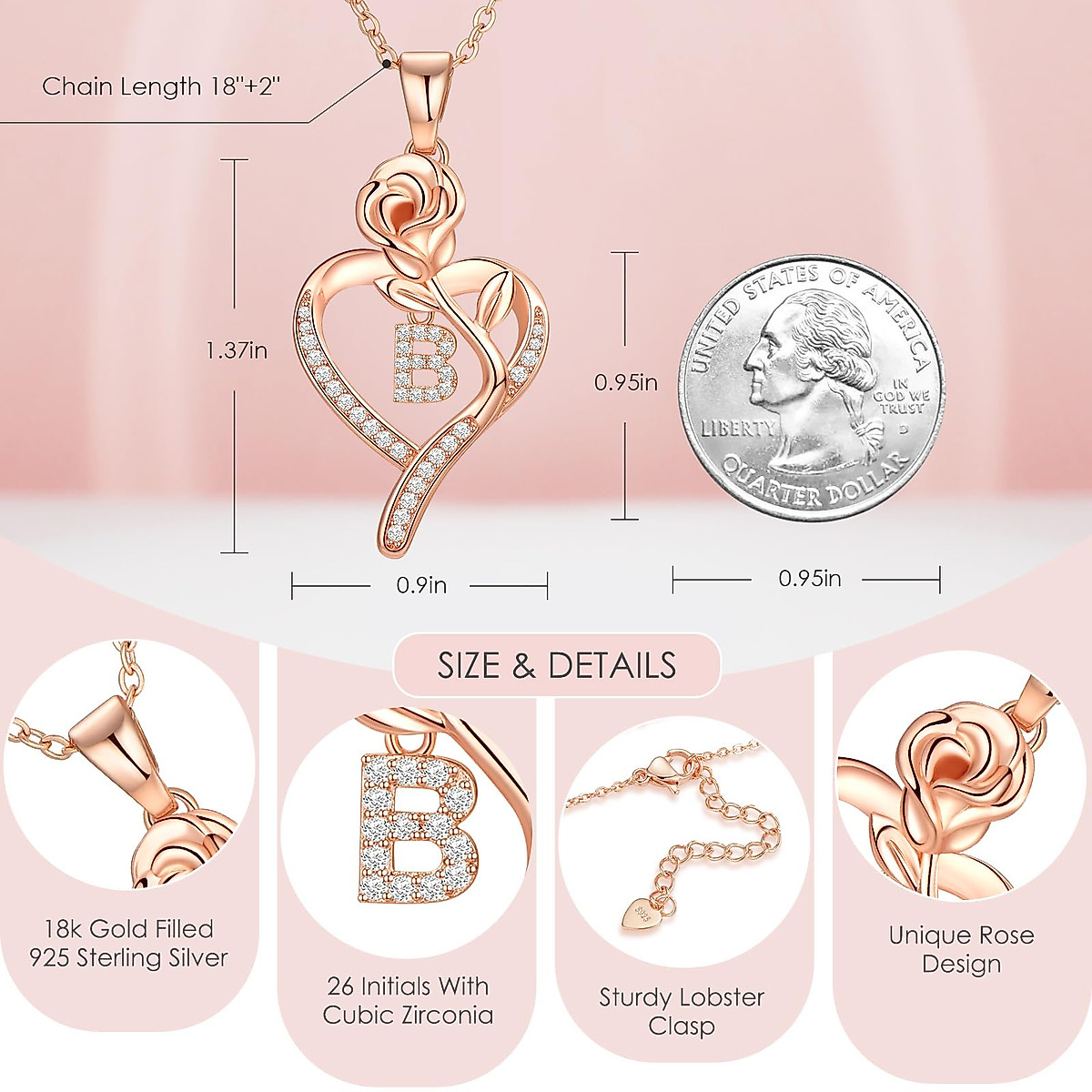 PAITAIN Rose Heart Initial Necklace for Women Necklace for Wife Girlfriend Mom Jewelry for Women-B