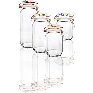 Circleware Vegetable Decal Glass Canisters Shaped with Ceramic Lids, Set of 4 Kitchen Glassware Food Beverage Preserving Containers for Coffee, Sugar, Tea, Spices, Cereal, 66 oz, 49 oz, 30 oz, 22 oz