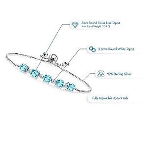 Gem Stone King 925 Sterling Silver Swiss Blue Topaz and White Topaz Tennis Bracelet For Women (3.59 Cttw, Gemstone Birthstone, Round Cut 5MM, Fully Adjustable Up to 9 Inch)