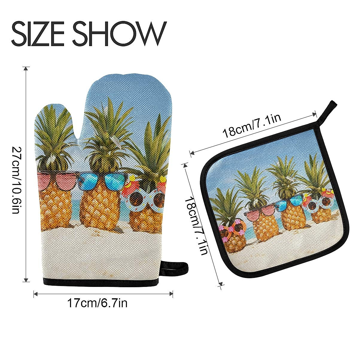 Oven Mitts Pot Holders Sets - Pineapples Stylish Sunglasses Hot Gloves Hot Pads Non-Slip Potholders for Kitchen BBQ Baking